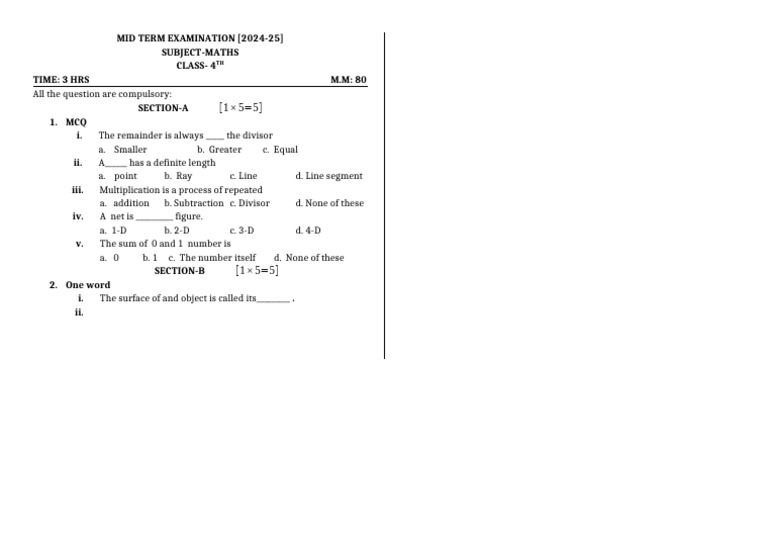 4th Grade Maths Mid Term Exam 2024-25 | PDF