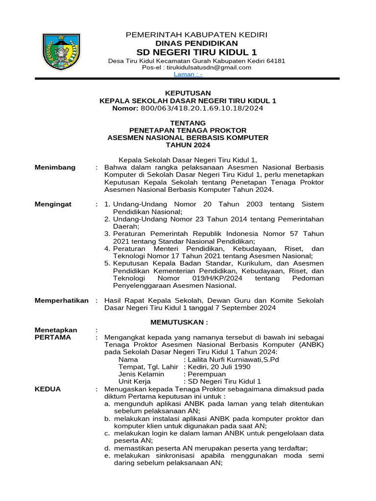 Contoh SK Proktor ANBK SDN Gabru | PDF