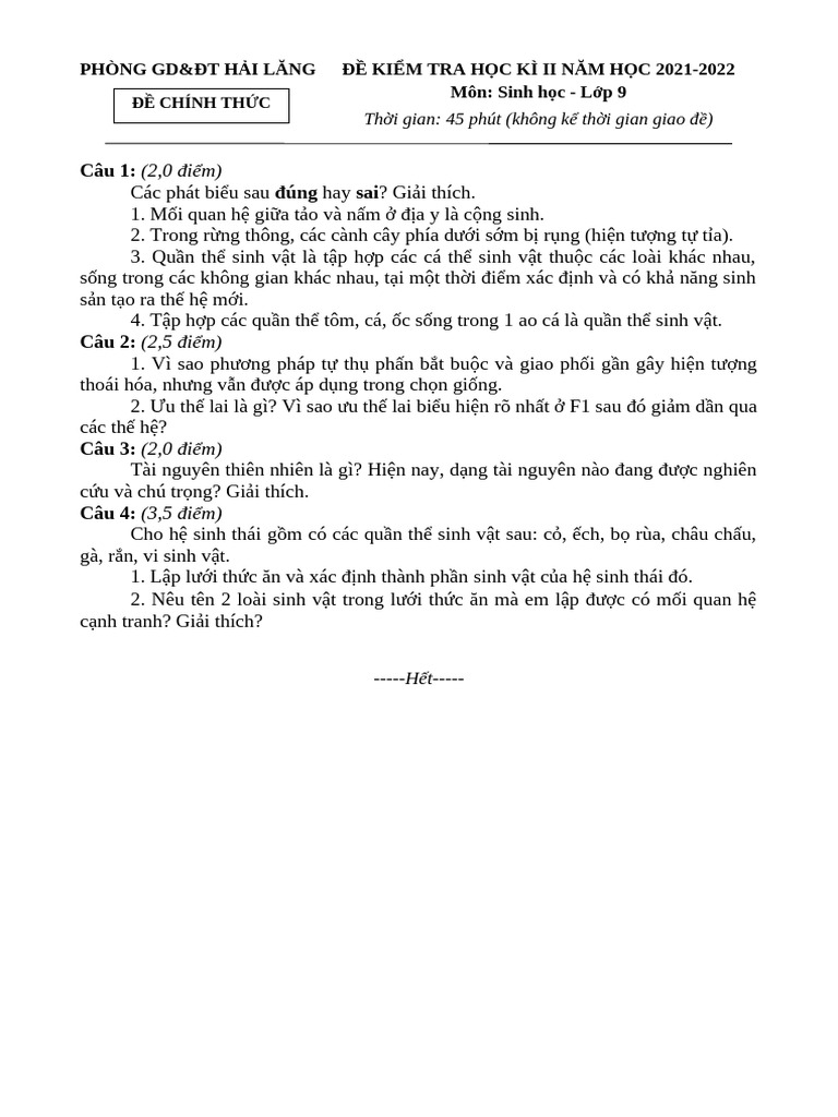 Sinh 9 HK2 Nam 2022 Chinh Thuc | PDF