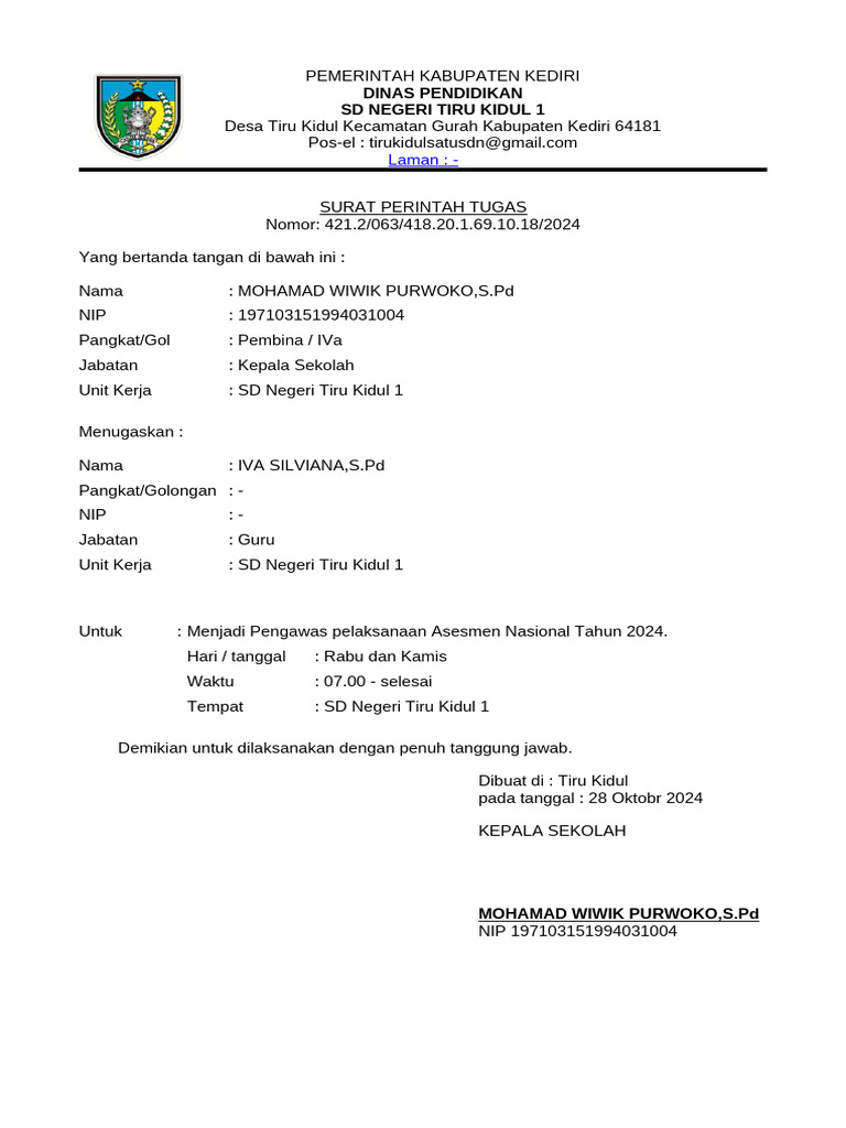 Contoh Surat Tugas Pengawas ANBK SDN Gabru | PDF