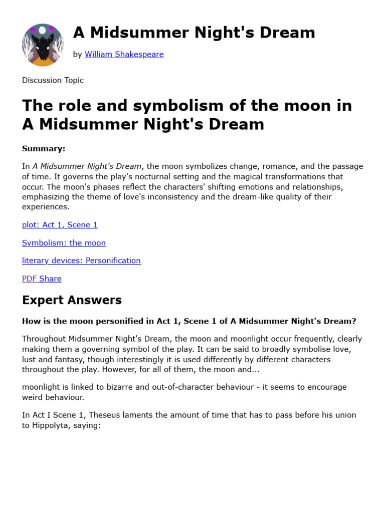 The Role and Symbolism of The Moon in A Midsummer Night's Dream | PDF ...