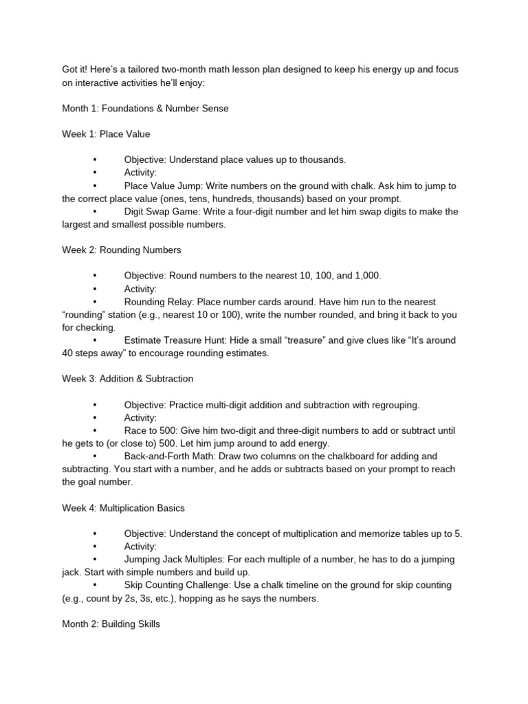2 Month Math Lesson Plan For A Fourth Grader Tutoring | PDF | Mathematics
