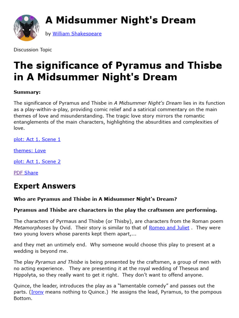 The Significance of Pyramus and Thisbe in A Midsummer Night's Dream ...