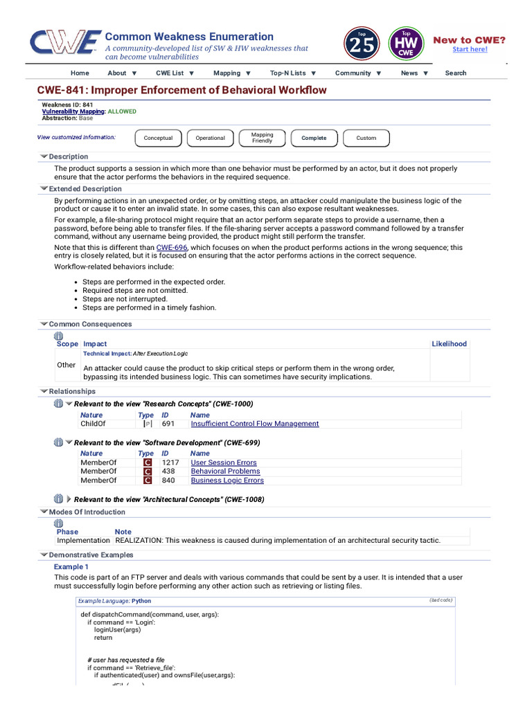 CWE - CWE-841_ Improper Enforcement of Behavioral Workflow (4.15) | PDF | User (Computing ...