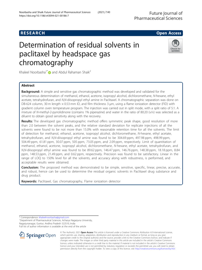 Residual Solvent Analysis in Paclitaxel | PDF | Gas Chromatography ...