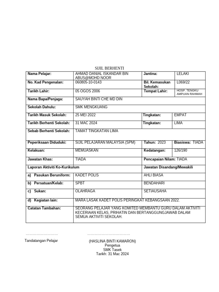 Template SIJIL BERHENTI SPM 2023 -DANIAL | PDF