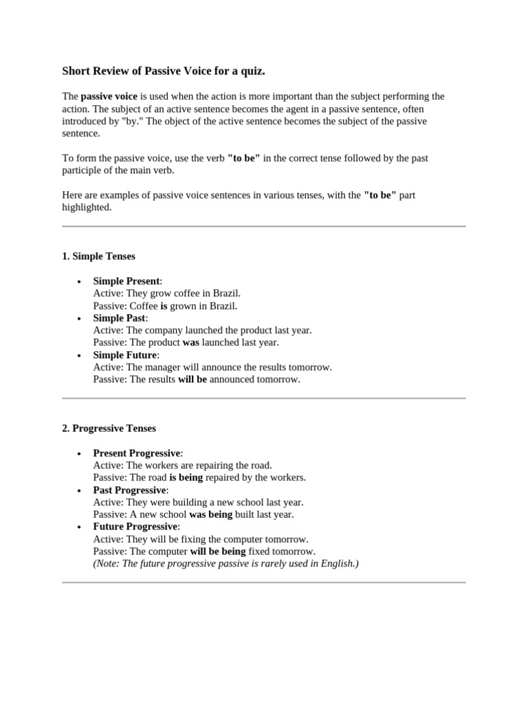 Passive Voice Review and Exercises | PDF | Perfect (Grammar) | Linguistics