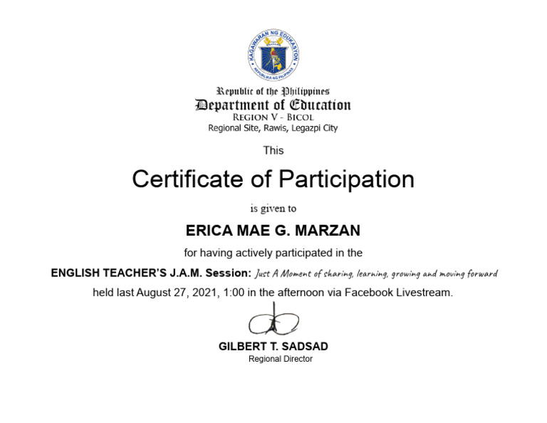 Certificate of Participation Masbate Prov Erica Mae G. Marzan | PDF