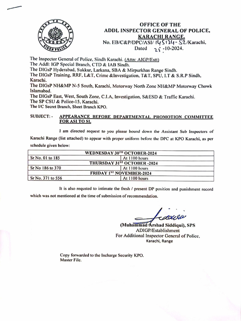 O.R List For DPC From ASI To SI in Karachi Range | PDF