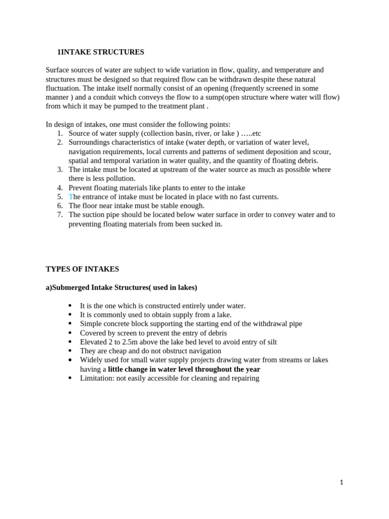 Topic 5 - Intake Structures | PDF | Water | Lake