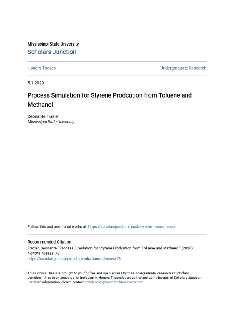 Process Simulation For Styrene Prodcution From Toluene and Methan | PDF ...