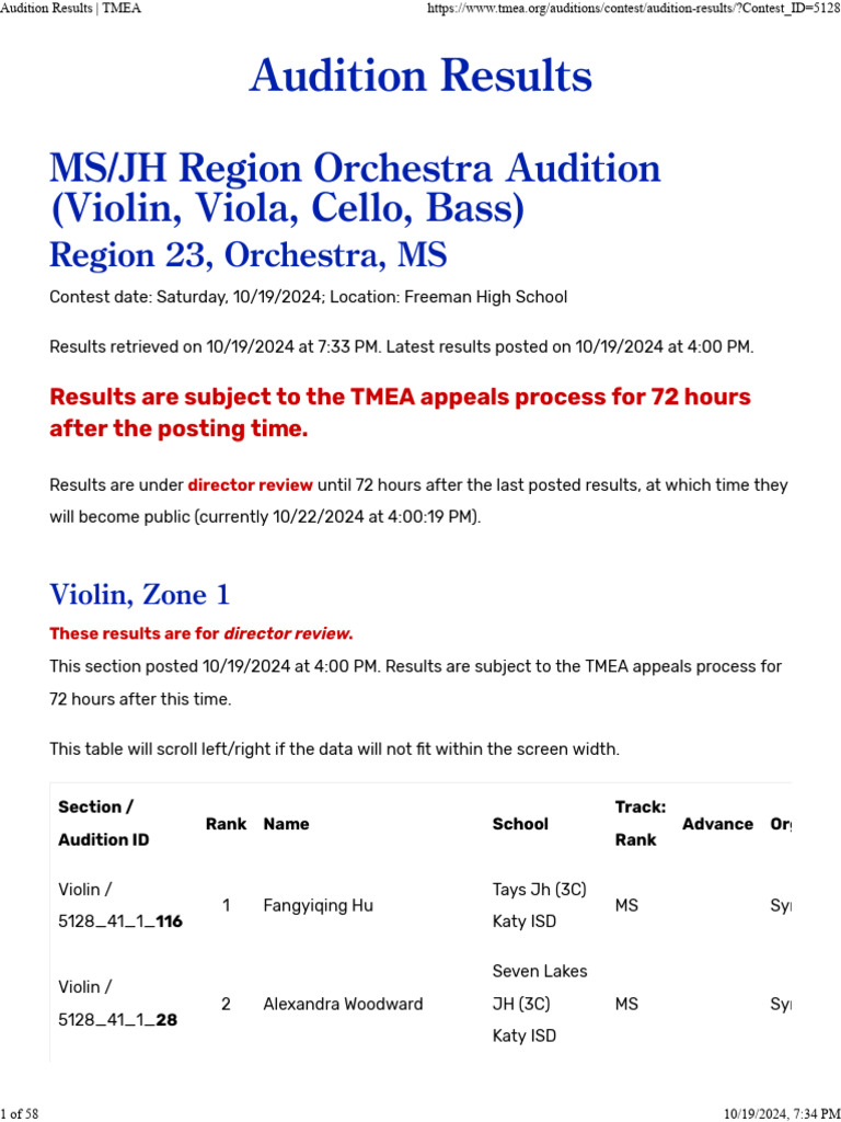 Audition Results _ TMEA | PDF | String Instruments | Bowed Instruments