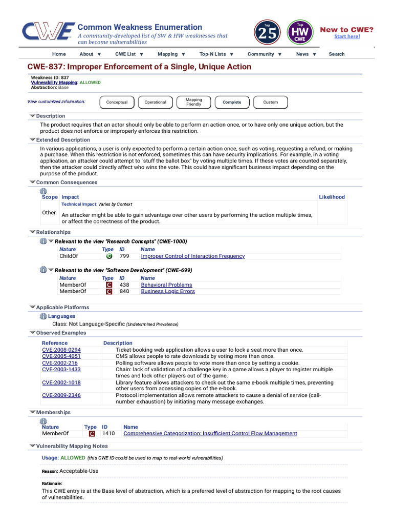 CWE - CWE-837 - Improper Enforcement of A Single, Unique Action (4.15) | PDF | Vulnerability ...