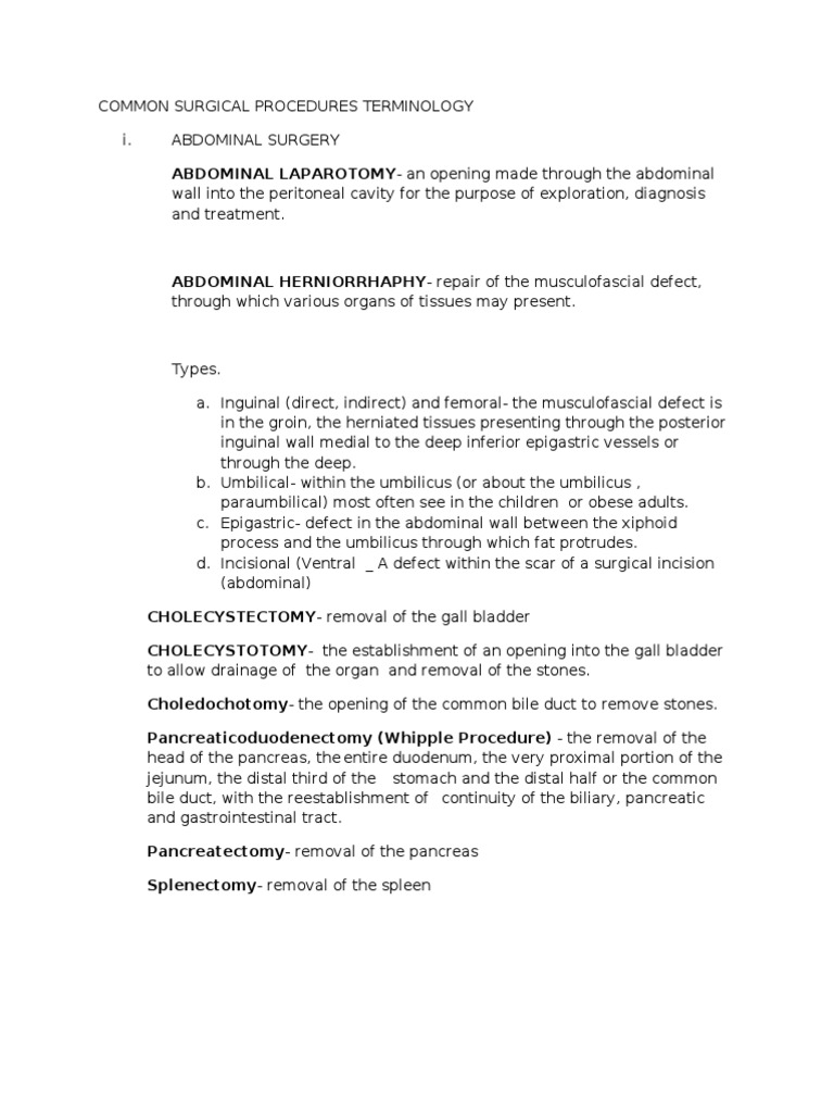Common Surgical Procedures Terminology | PDF | Stomach | Surgical ...