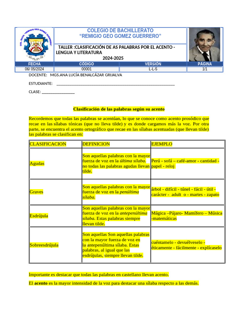 Taller 1 Palabras Por El Acento | PDF | Fonética | Lingüística