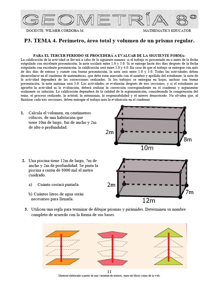 GRADO 8° P3. TEMA 4. Perímetro, Área Total y Volumen de Un Prisma Regular | PDF | Hogar ...