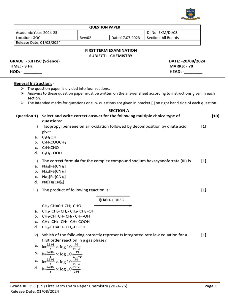 Grade XII HSC Chemistry Exam 2024 | PDF | Chemical Reactions | Ketone