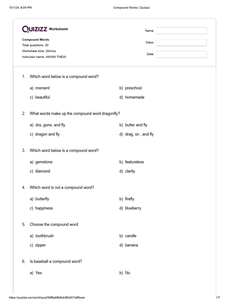 Compound Words - Quizizz | PDF