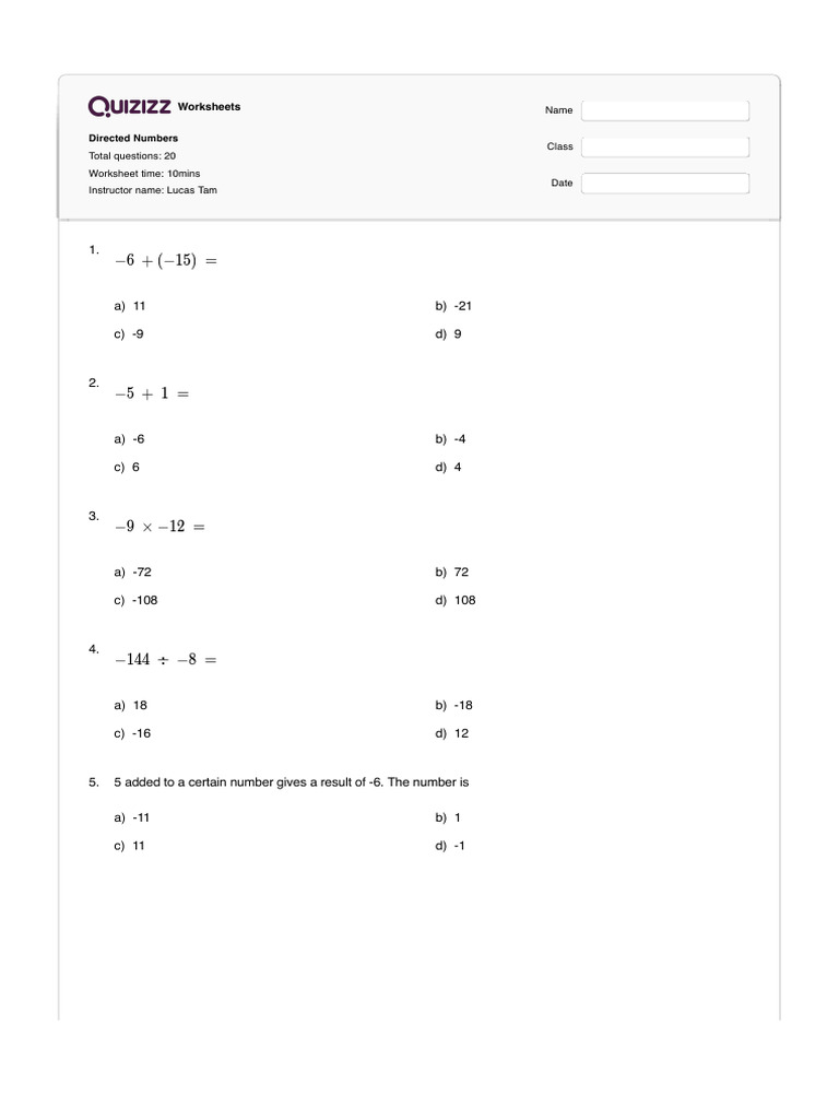 Worksheet - Quizizz | PDF | Arithmetic | Mathematics