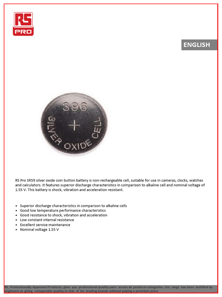 Datasheet: RS Pro SR59 1.55V Silver Oxide Coin Button Battery 514-7744 ...