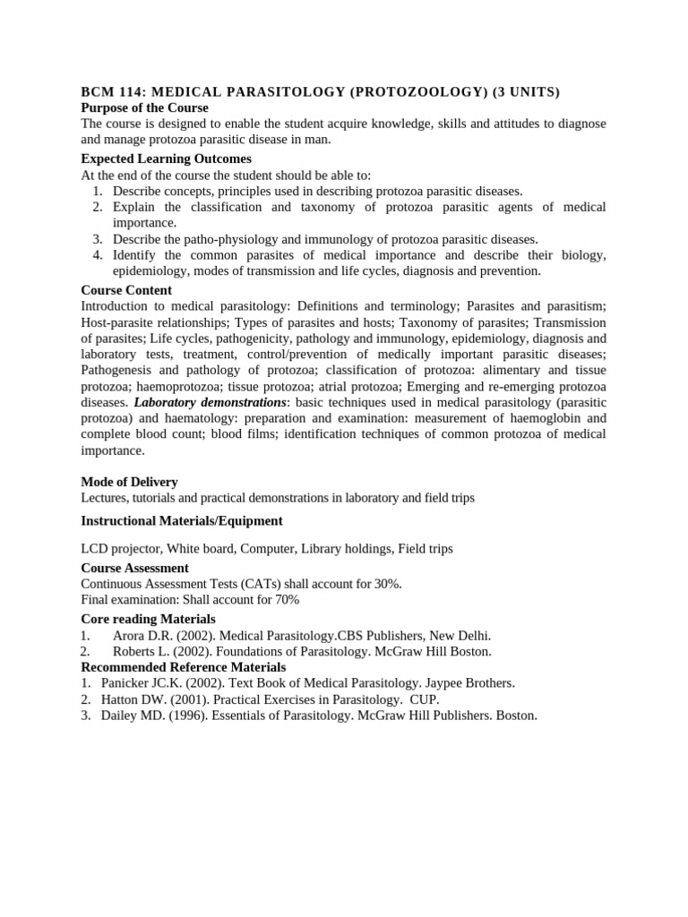 Medical Parasitology: Protozoa Course Overview | PDF | Parasitism ...