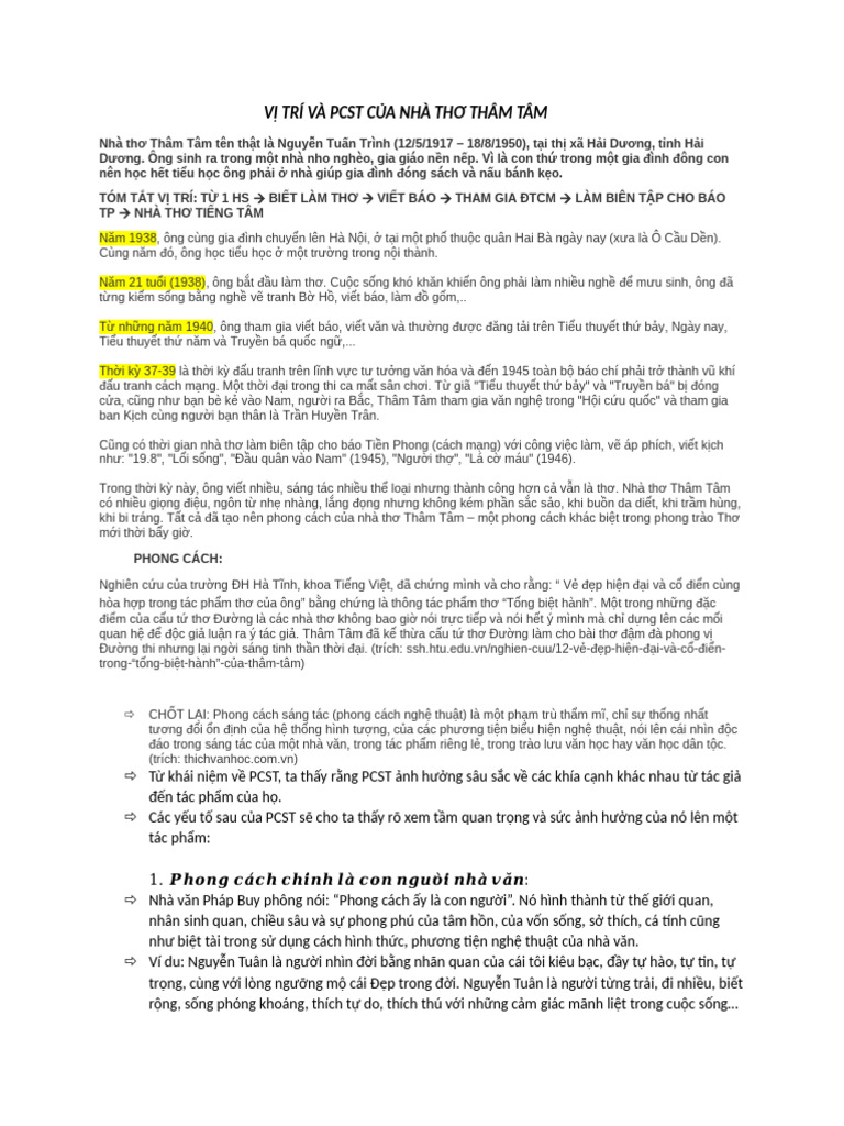 Vị Trí Và Pcst Của Nhà Thơ Thâm Tâm | PDF