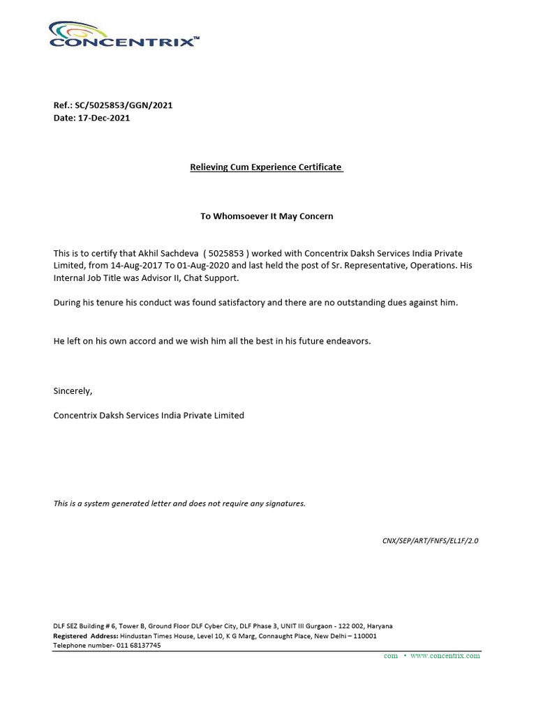Concentrix Experience Letter | PDF