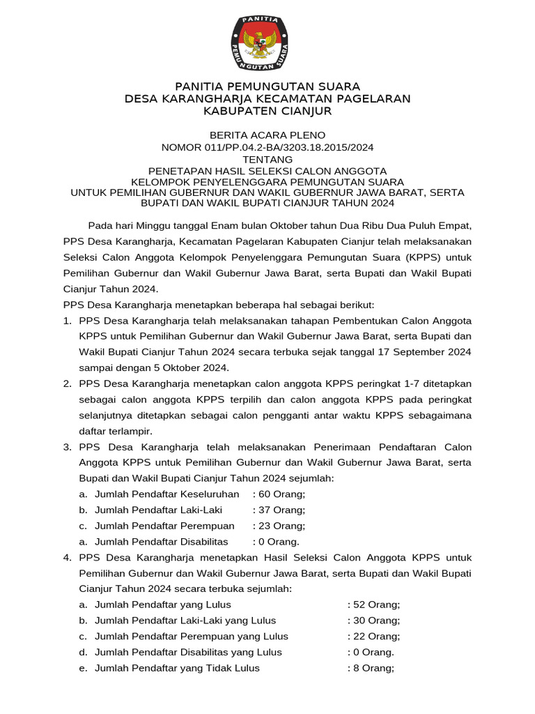 0 Berita Acara PPS Penetapan Hasil Seleksi KPPS - New | PDF