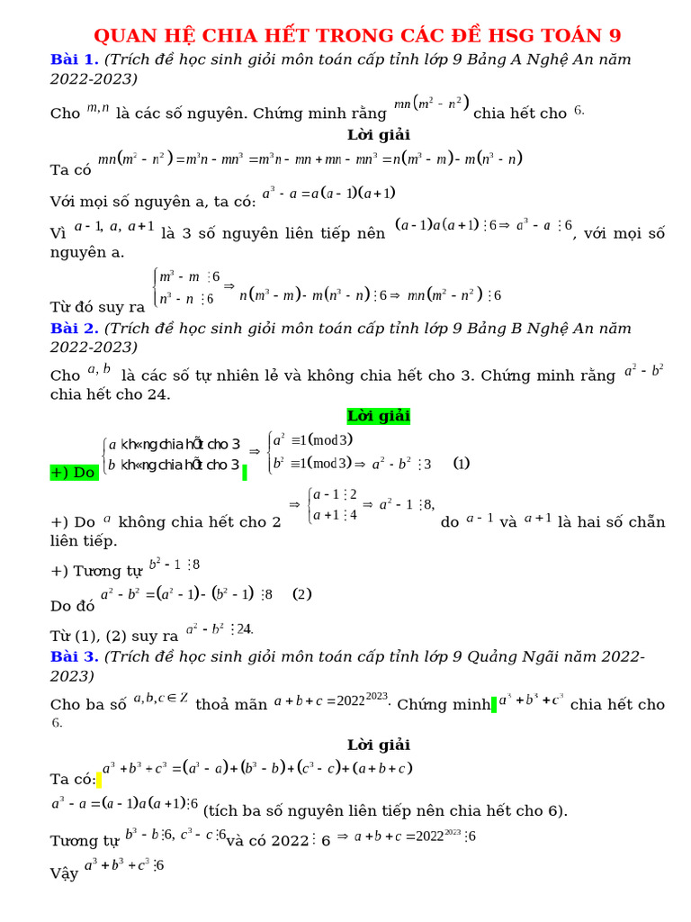 9. Bài chứng minh chia hết trong các đề HSG toán 9 | PDF