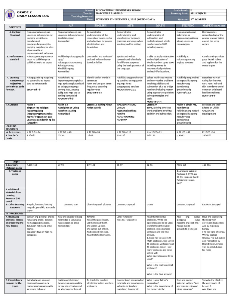 DLL - All Subjects 2 - Q2 - W4 - D1 | PDF | Linguistics