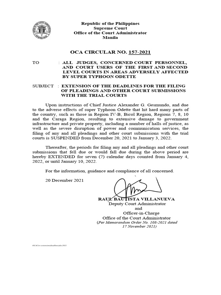 OCA CIRCULAR NO. 157-2021: Per Memorandum Order No. 108-2021 Dated 17 November 2021) | PDF