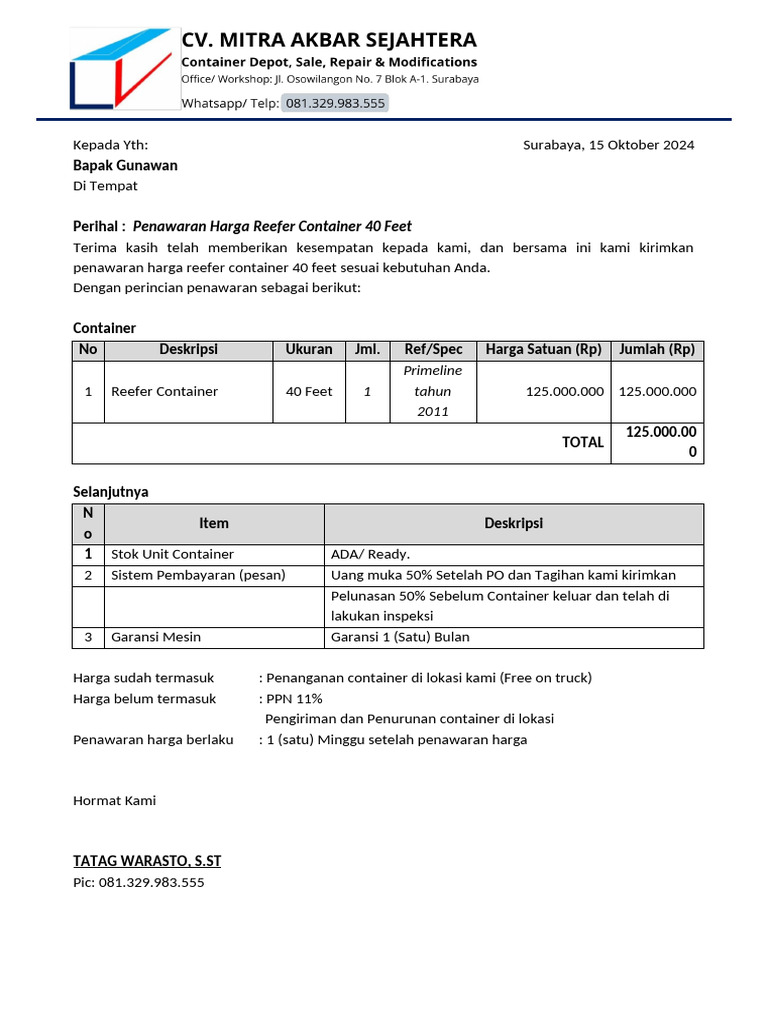 Template Quotation Reefer Container 40 Feet | PDF