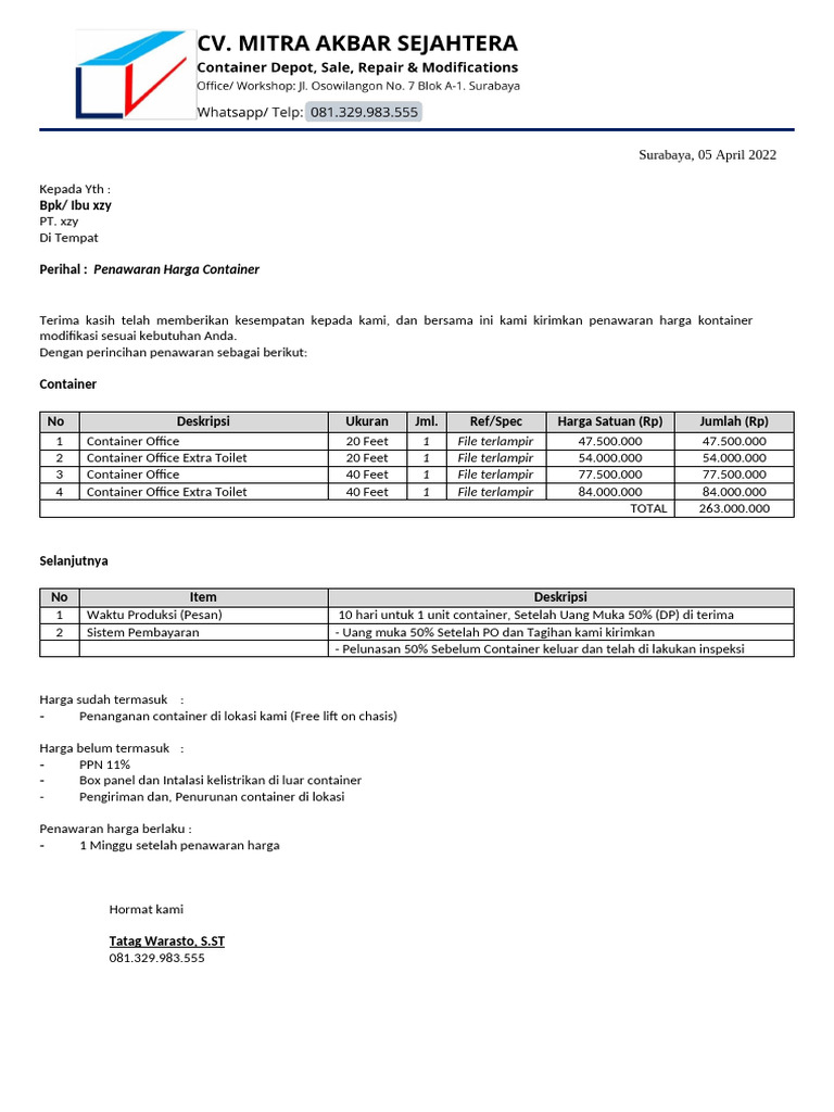Template Quotation Container Office 20 & 40 Feet Ekstra Toilet | PDF ...