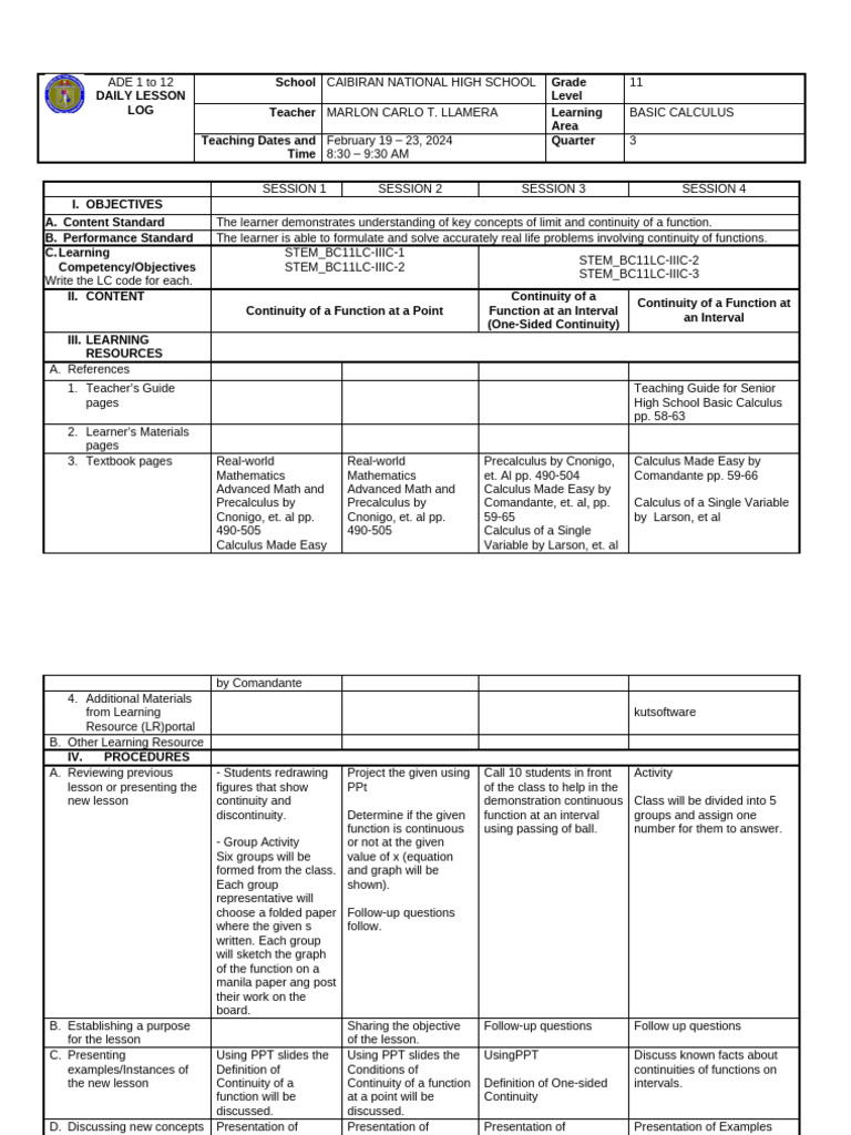 Calculus DLL Week 3 | PDF | Continuous Function | Function (Mathematics)