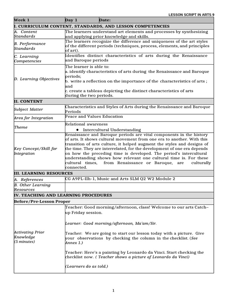 Week 1 Day 1 Date: I. Curriculum Content, Standards, and Lesson Competencies | PDF | Learning ...
