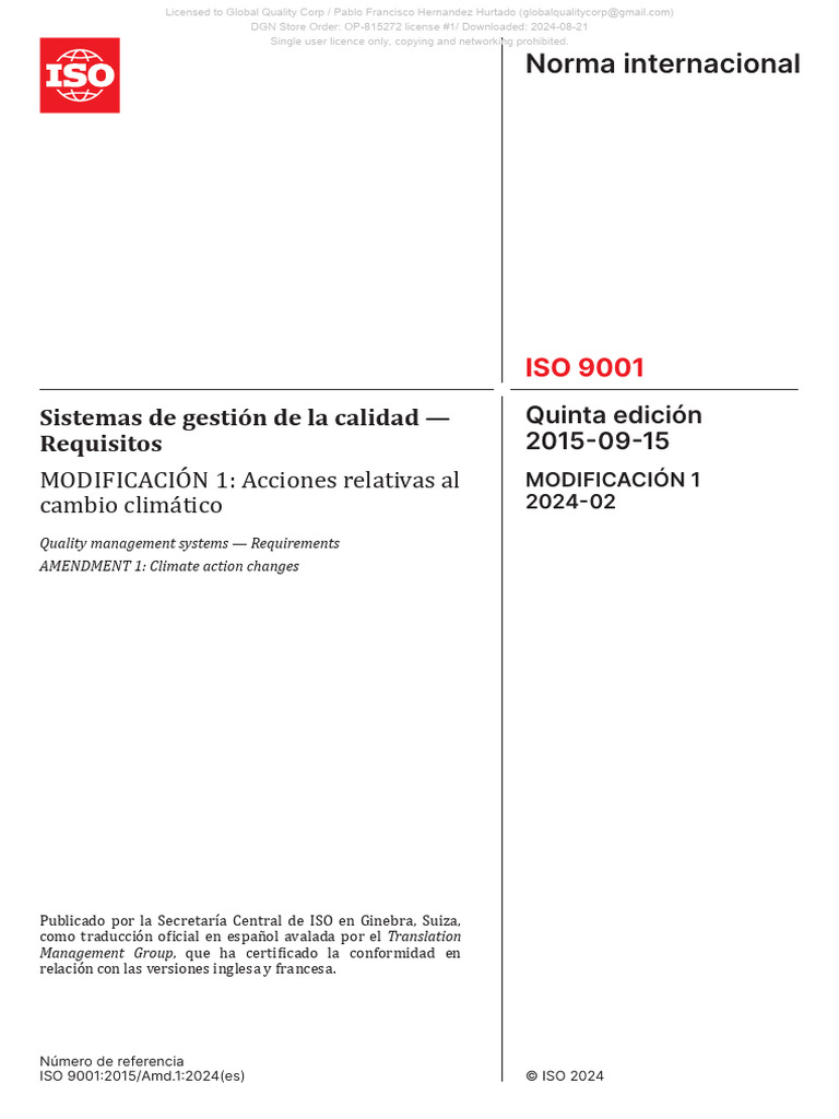 ISO 9001 2015 Amd 1 2024 (Es) | PDF | Organización internacional para la estandarización | Patentar