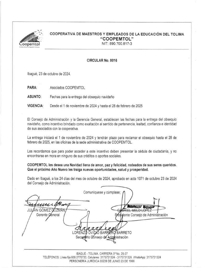 Circular 0016 Fechas Entrega Obsequio Navideño | PDF