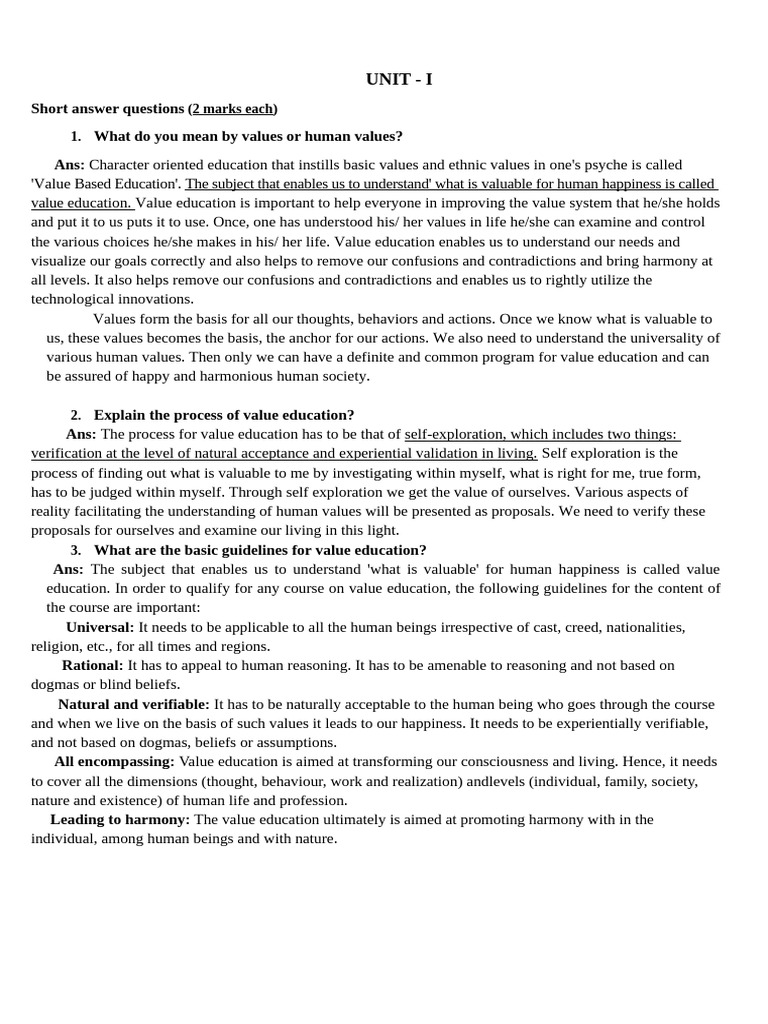 UHV Unit 1 QUESTION BANK | PDF | Happiness | Mental Health