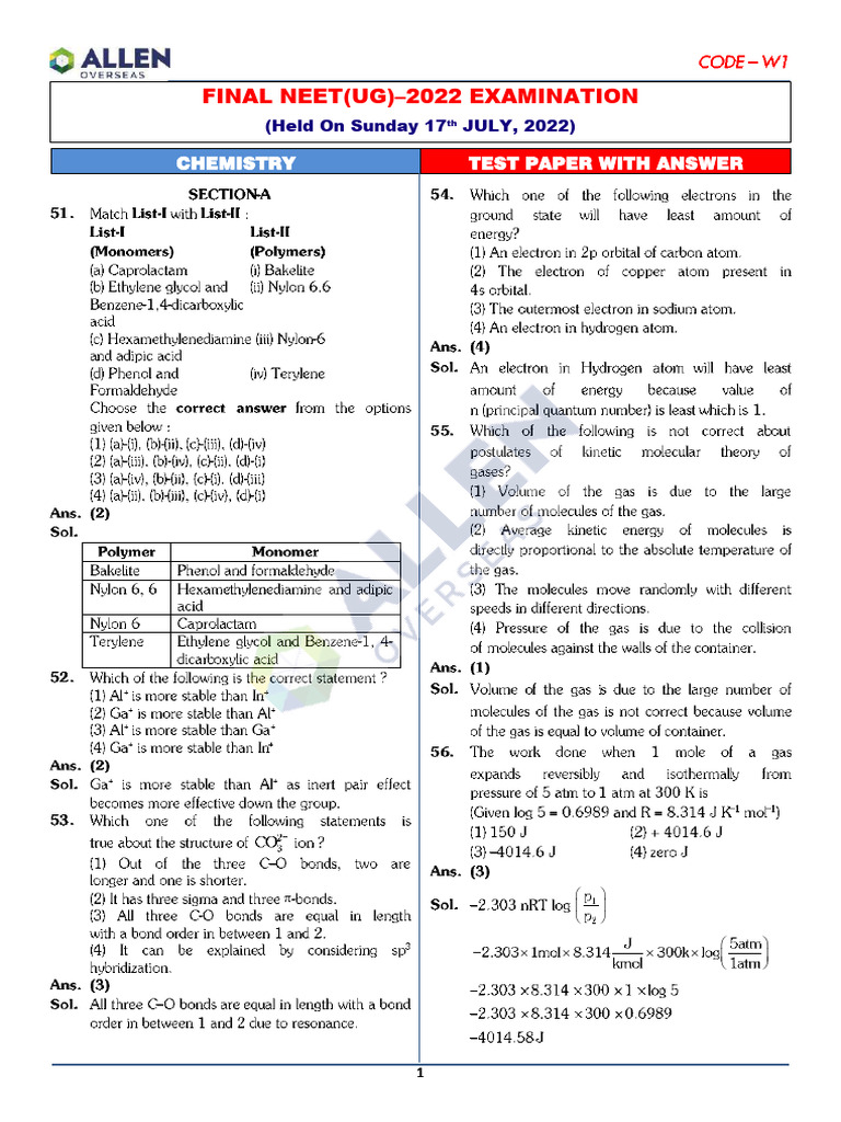 Neet-2022 Overseas-Answer-Key-Chemistry | PDF