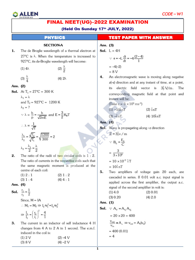 2022overseasneet 2022 Answer Key Physics | PDF