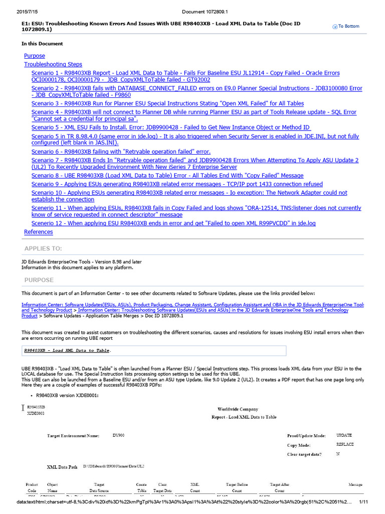 ESU - Troubleshooting Known Errors and Issues With UBE R98403XB - Load XML Data To Table (Doc ID ...