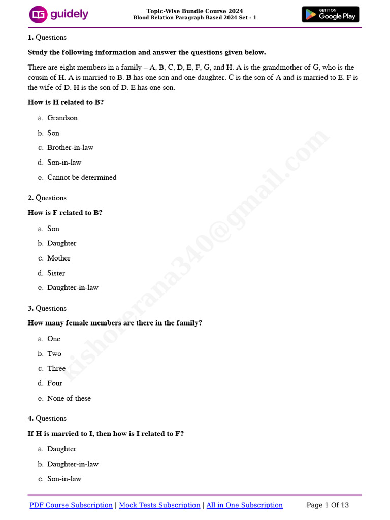 Blood Relation Questions Set 2024 | PDF | Human Reproduction ...