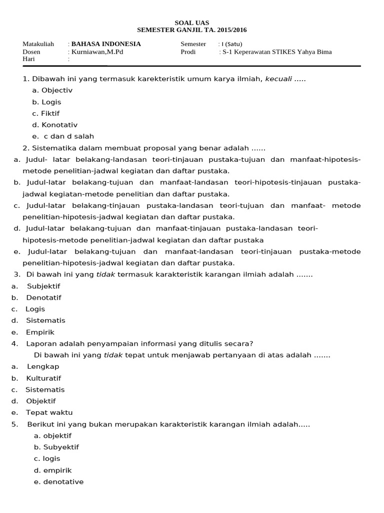 Soal MK Bahasa Indonesia - Keperawatan SMT I | PDF