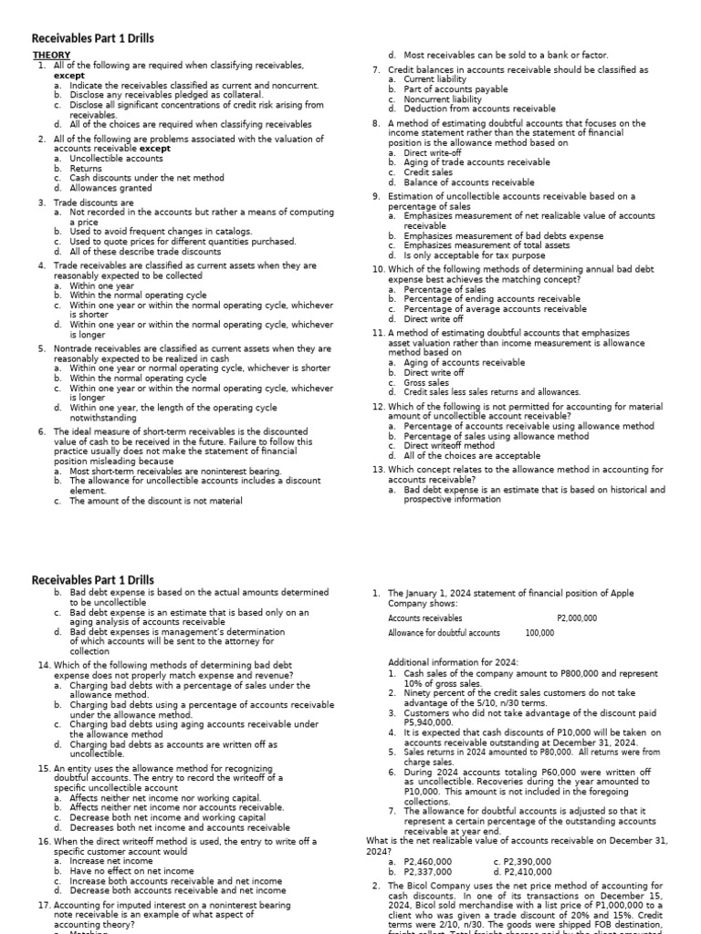 Receivables Part 1 Drills | PDF | Bad Debt | Financial Accounting