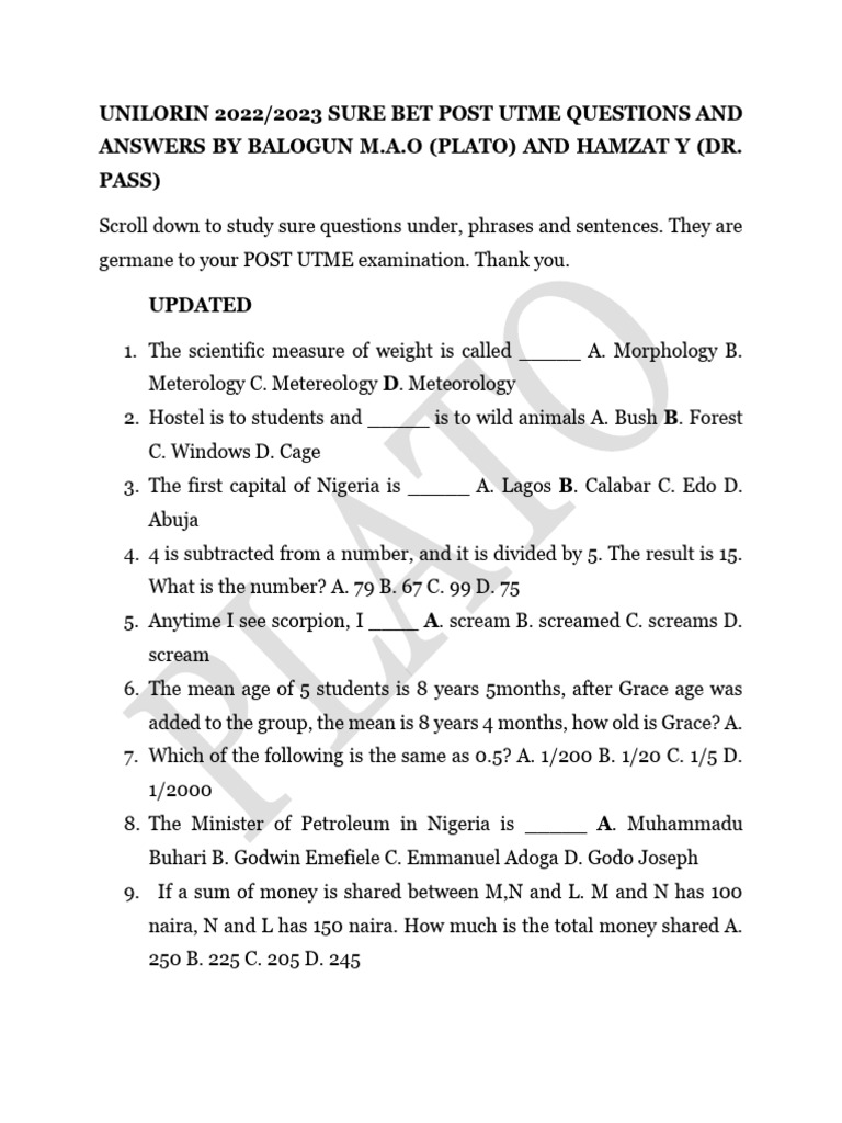 Unilorin 2022/2023 Post UTME Guide | PDF | Verb | Syntax