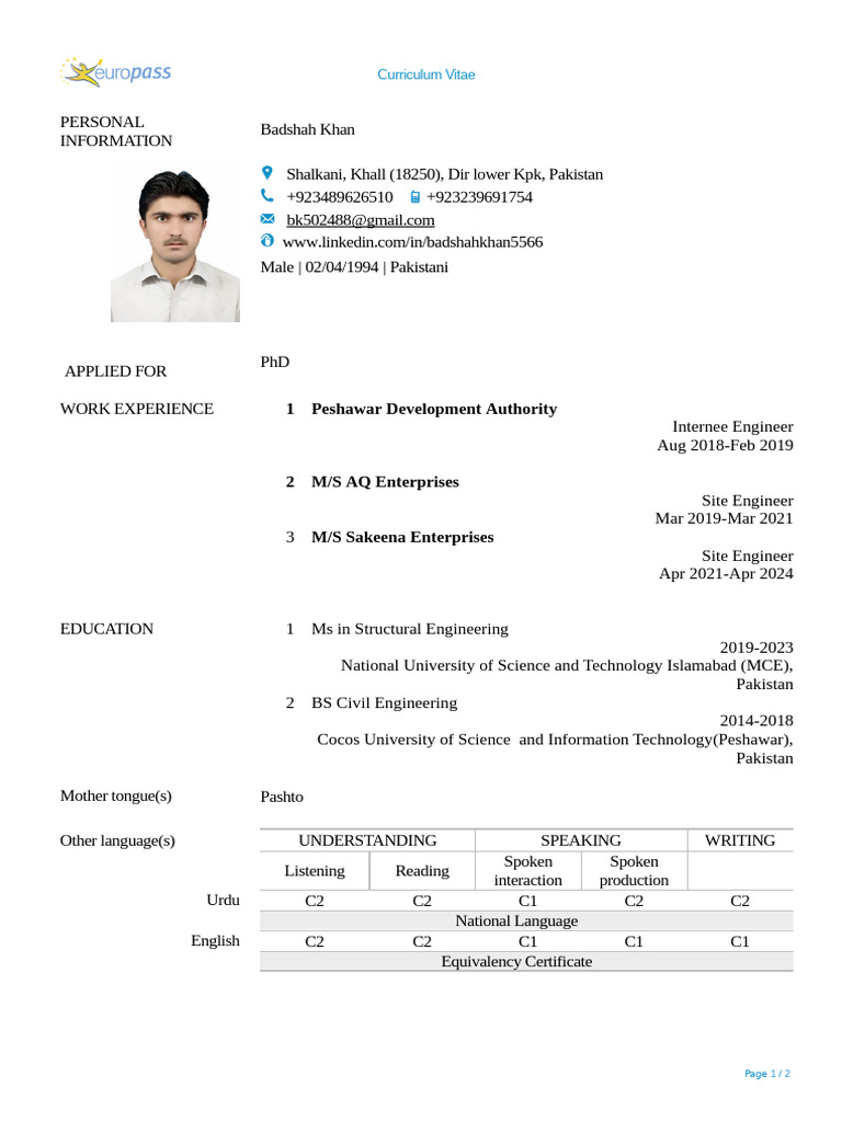 Europass CV Template Badshah | PDF | Geographic Information System | Engineering