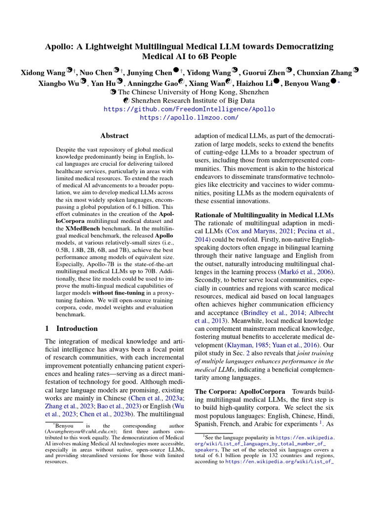 Apollo: A Lightweight Multilingual Medical LLM Towards Democratizing ...