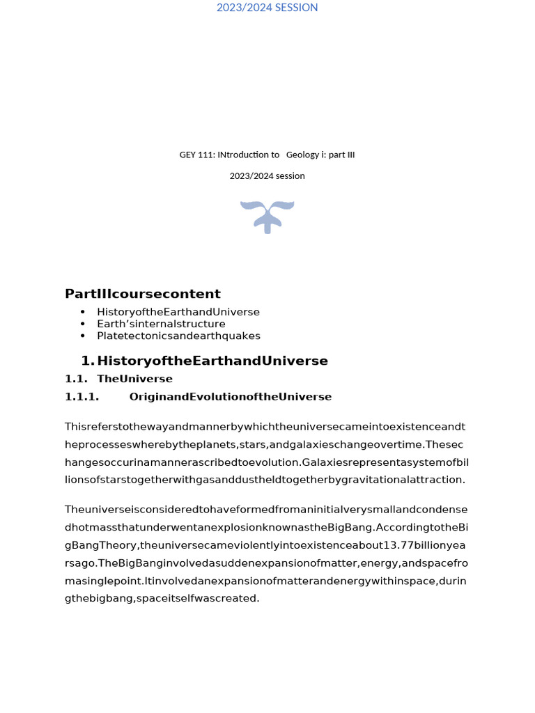 Gey 111 - Part Iii - 2023 - 2024 Session-1 | PDF | Earth Sciences | Physical Sciences