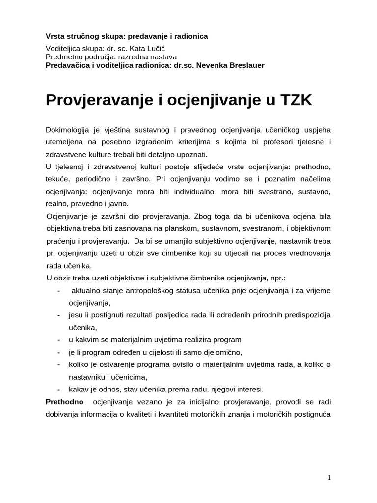 Provjeravanje I Ocjenjivanje U TZK | PDF