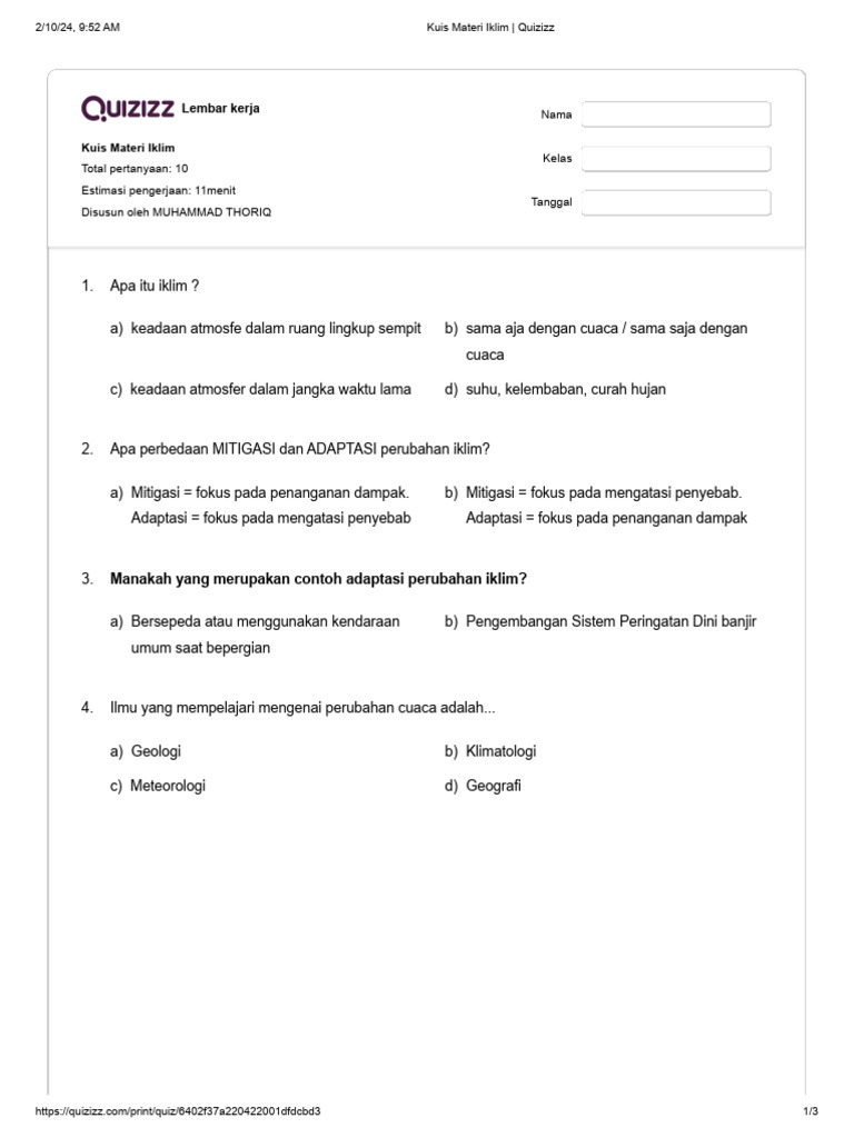 Kuis Materi Iklim - Quizizz | PDF